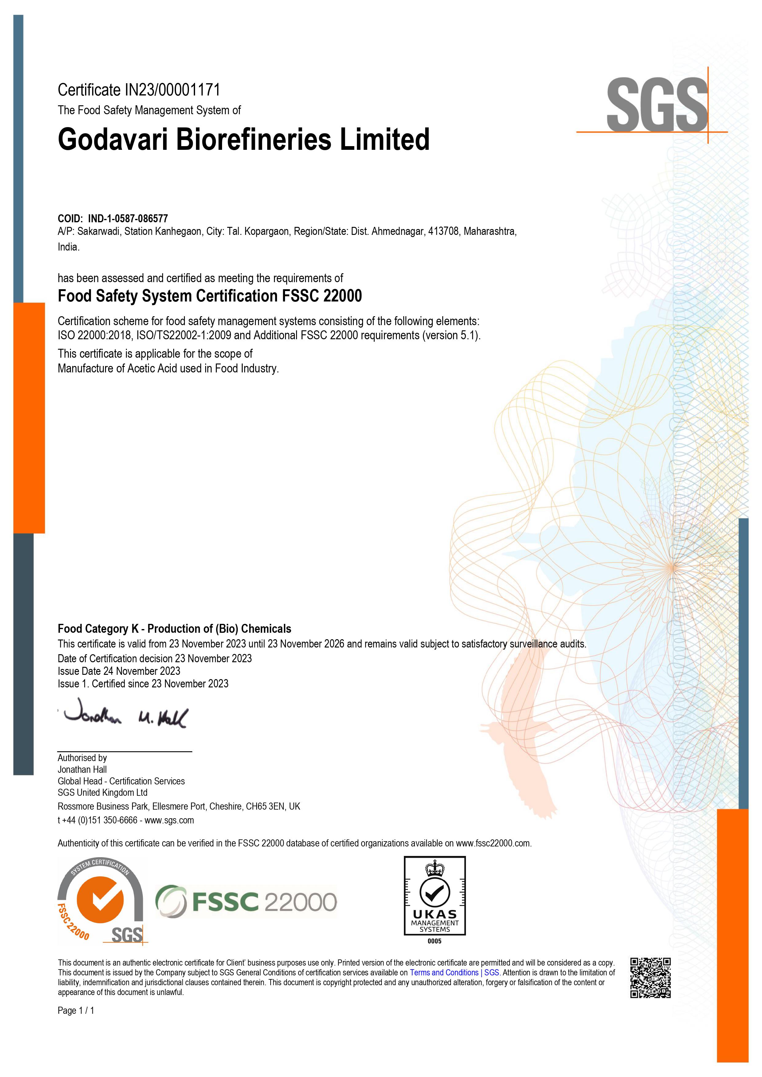 FSSC-22K Certificate | Godavari